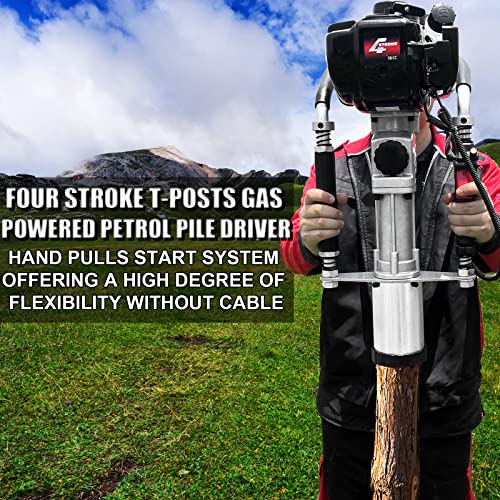 HIGOSPRO Gas Powered 4-Stroke T Post Driver Hammer Drills, 37.7CC Gasoline Engine Pile Driver, Air Cooling Single Cylinder Gasoline Petrol Garden Fencing Tool Machine with 2 Post Driving Head