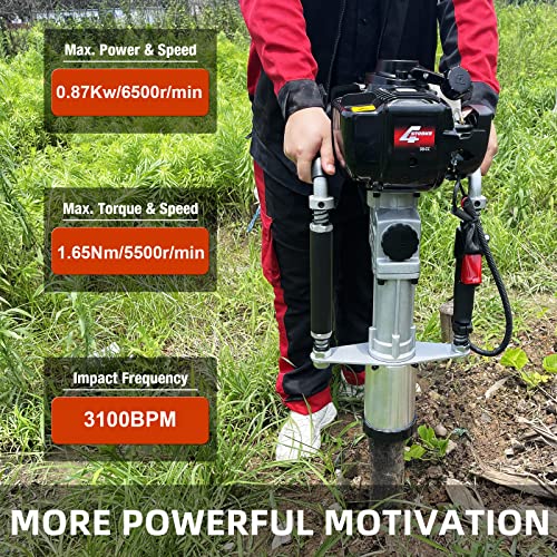 HIGOSPRO Gas Powered 4-Stroke T Post Driver Hammer Drills, 37.7CC Gasoline Engine Pile Driver, Air Cooling Single Cylinder Gasoline Petrol Garden Fencing Tool Machine with 2 Post Driving Head