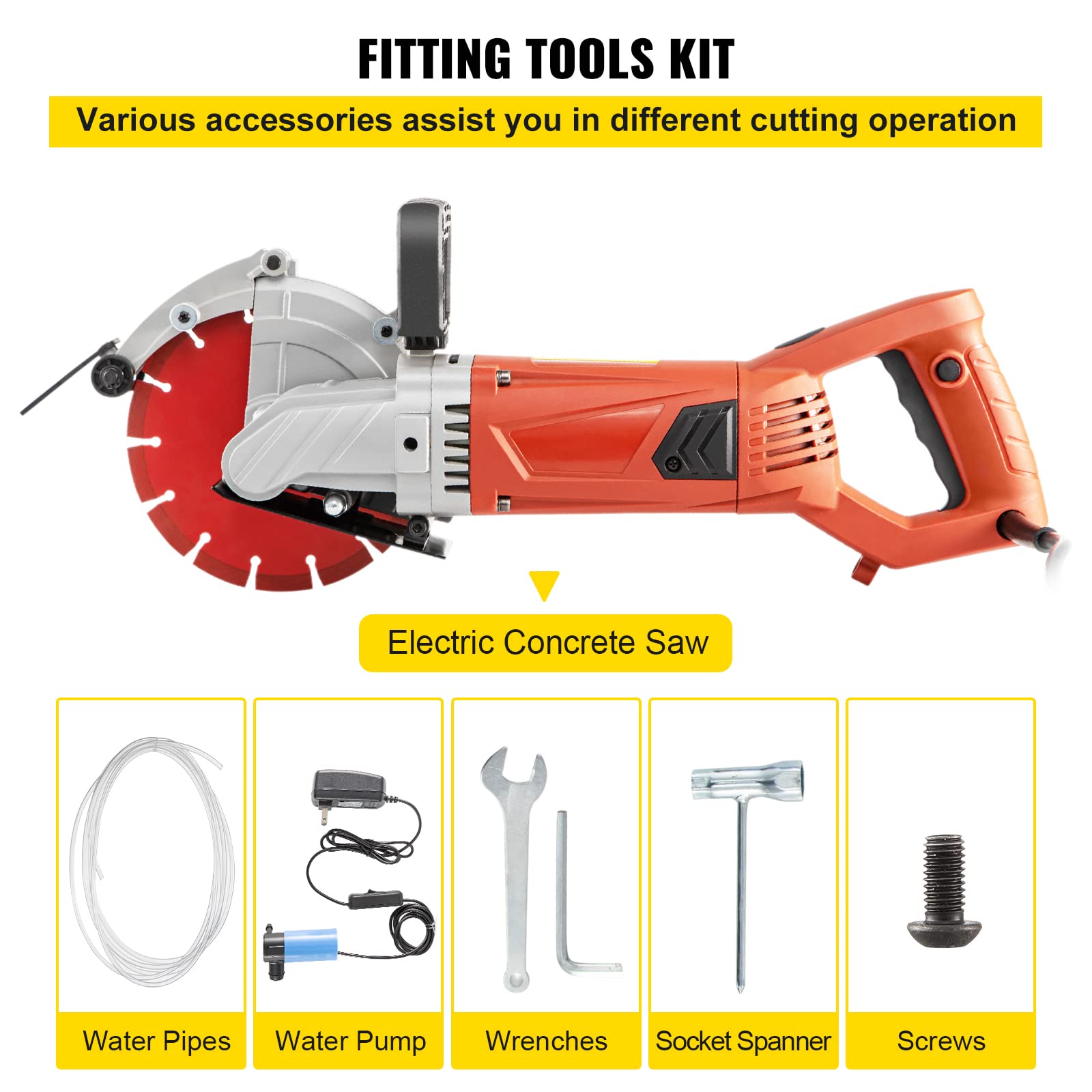 VEVOR Electric Concrete Saw, 7" Blade with 2-1/2 inch Max Cutting Depth, Wet/Dry Sawing with Blade and Tools for Granite, Brick, Porcelain, Reinforced Concrete