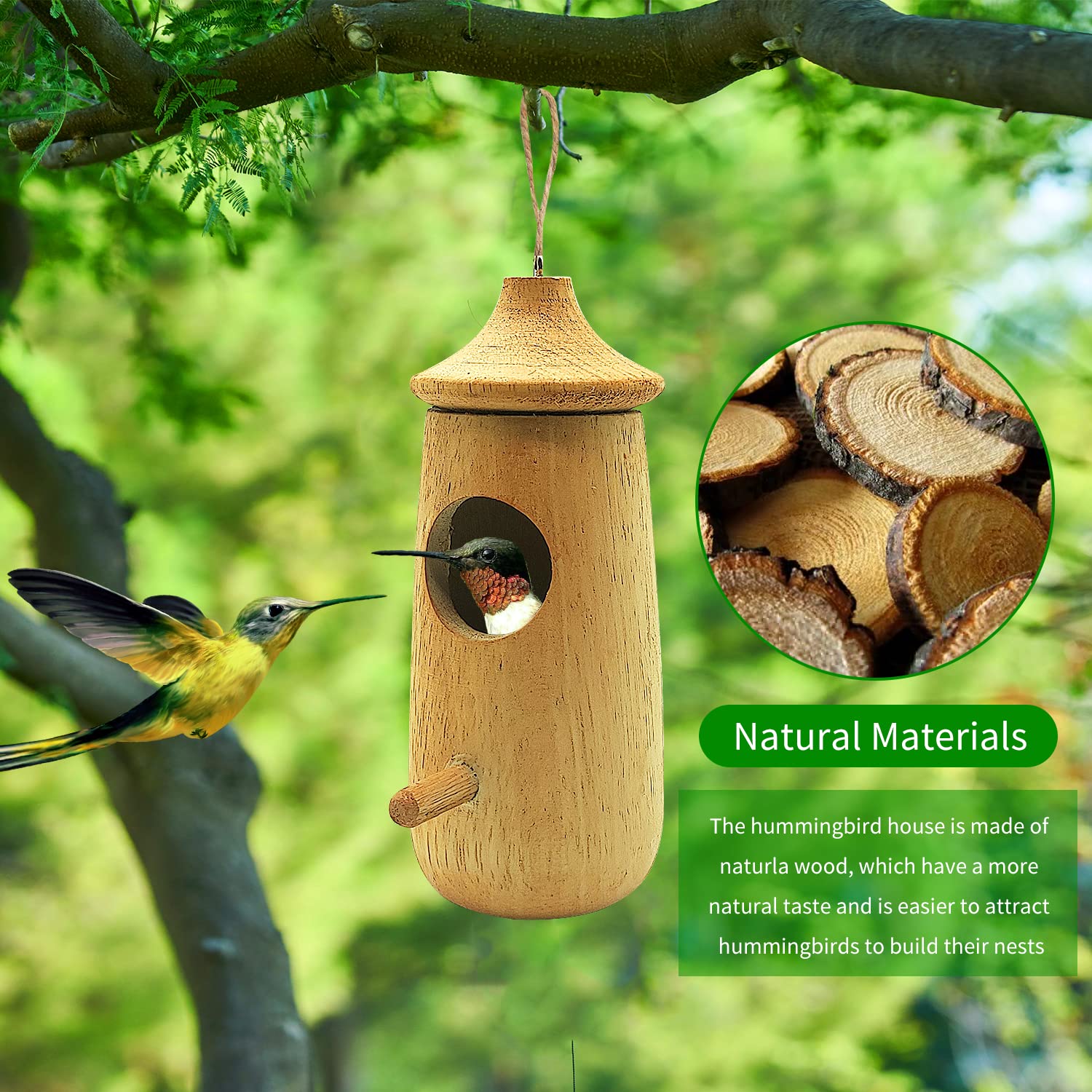 Hummingbird House for Outside Hanging,Wooden Humming Bird Houses for Outside for Nesting Hanging,Natural Hummingbird Swing Nest for Wren Swallow Sparrow Hummingbird Finch Houses Garden Window Decor