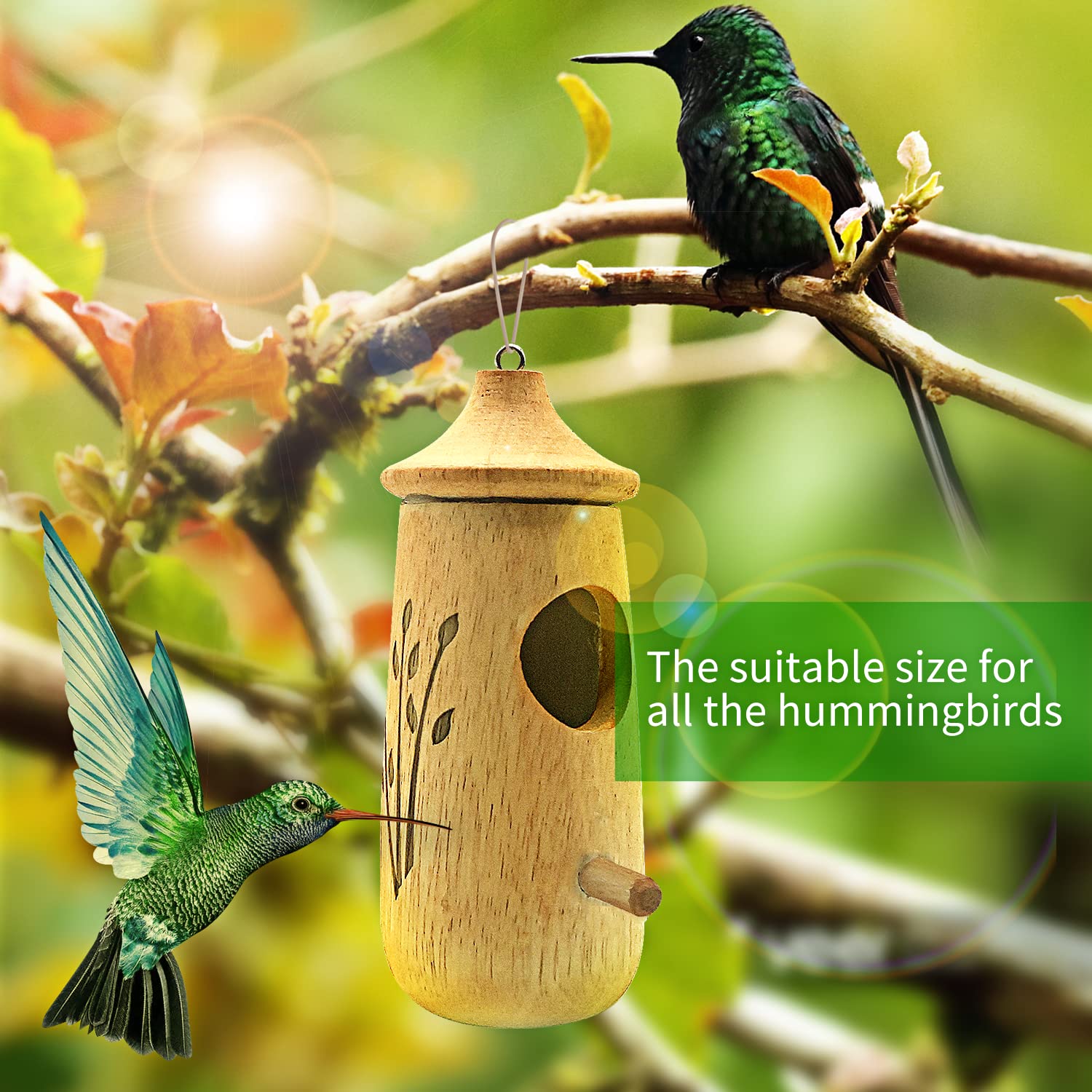 Hummingbird House for Outside Hanging,Wooden Humming Bird Houses for Outside for Nesting Hanging,Natural Hummingbird Swing Nest for Wren Swallow Sparrow Hummingbird Finch Houses Garden Window Decor