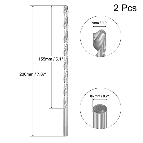 uxcell HSS(High Speed Steel) Extra Long Twist Drill Bits, 7mm Drill Diameter 200mm Length for Hardened Metal Woodwork Plastic Aluminum Alloy 2 Pcs