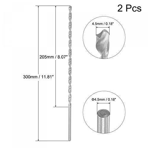 uxcell HSS(High Speed Steel) Extra Long Twist Drill Bits, 4.5mm Drill Diameter 300mm Length for Hardened Metal Woodwork Plastic Aluminum Alloy 2 Pcs