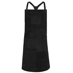 qeelink leather welding apron with 6 pockets - heat & flame-resistant apron, 24'' x 42'', adjustable m to xxxl (black)