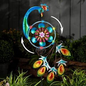 solar peacock wind spinner metal garden stake, 12 multi color blinking led solar powered lights arround double-layer flower spinner outdoor lawn garden decor patio stake yard art