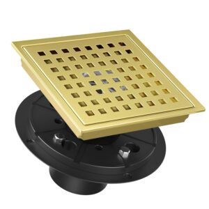 Bmvlffs Square Shower Floor Drain 6 Inch Brushed Gold, SUS 304 Stainless Steel with Flange, Removable Cover Quadrato Patten Grate, Includes Hair Strainer