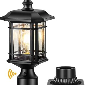 VIANIS Dusk to Dawn Post Lights Outdoor, Black Post Lantern with Pier Mount Base, Exterior Lamp Post Light Fixture, Waterproof Aluminum Body with Tempered Seeded Glass for Patio, Garden, Driveway