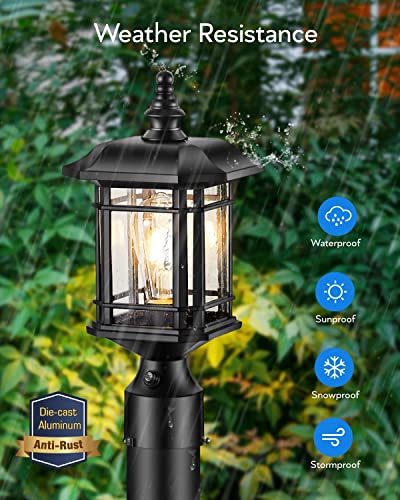 VIANIS Dusk to Dawn Post Lights Outdoor, Black Post Lantern with Pier Mount Base, Exterior Lamp Post Light Fixture, Waterproof Aluminum Body with Tempered Seeded Glass for Patio, Garden, Driveway