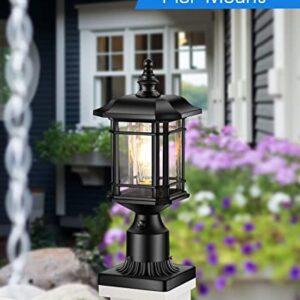 VIANIS Dusk to Dawn Post Lights Outdoor, Black Post Lantern with Pier Mount Base, Exterior Lamp Post Light Fixture, Waterproof Aluminum Body with Tempered Seeded Glass for Patio, Garden, Driveway