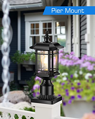 VIANIS Dusk to Dawn Post Lights Outdoor, Black Post Lantern with Pier Mount Base, Exterior Lamp Post Light Fixture, Waterproof Aluminum Body with Tempered Seeded Glass for Patio, Garden, Driveway