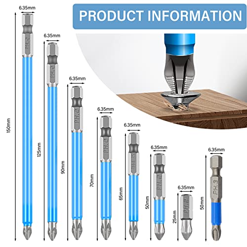 MWELLEWM Magnetic Phillips Screwdriver Bit Set,7PCS Anti-slip PH2 Bits Set,12PCS PH1 PH2 PH3 PZ1 PZ2 PZ3 Impact Driver 1/4 Inch Hex Shank Cross Impact Driver 2 Inch for Impact Driver Power Tool