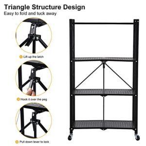 HealSmart 4-Tier Heavy Duty Foldable Metal Rack Storage Shelving Unit with Wheels Moving Easily Organizer Shelves Great for Garage Kitchen Holds up to 1000 lbs Capacity, Black,2 Pack