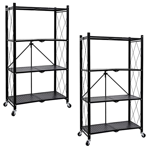 HealSmart 4-Tier Heavy Duty Foldable Metal Rack Storage Shelving Unit with Wheels Moving Easily Organizer Shelves Great for Garage Kitchen Holds up to 1000 lbs Capacity, Black,2 Pack