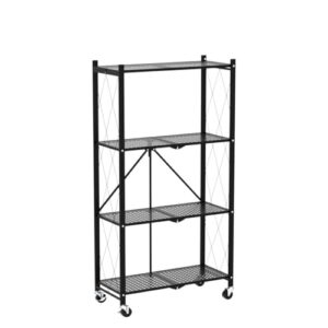 HealSmart 4-Tier Heavy Duty Foldable Metal Rack Storage Shelving Unit with Wheels Moving Easily Organizer Shelves Great for Garage Kitchen Holds up to 1000 lbs Capacity, Black,2 Pack