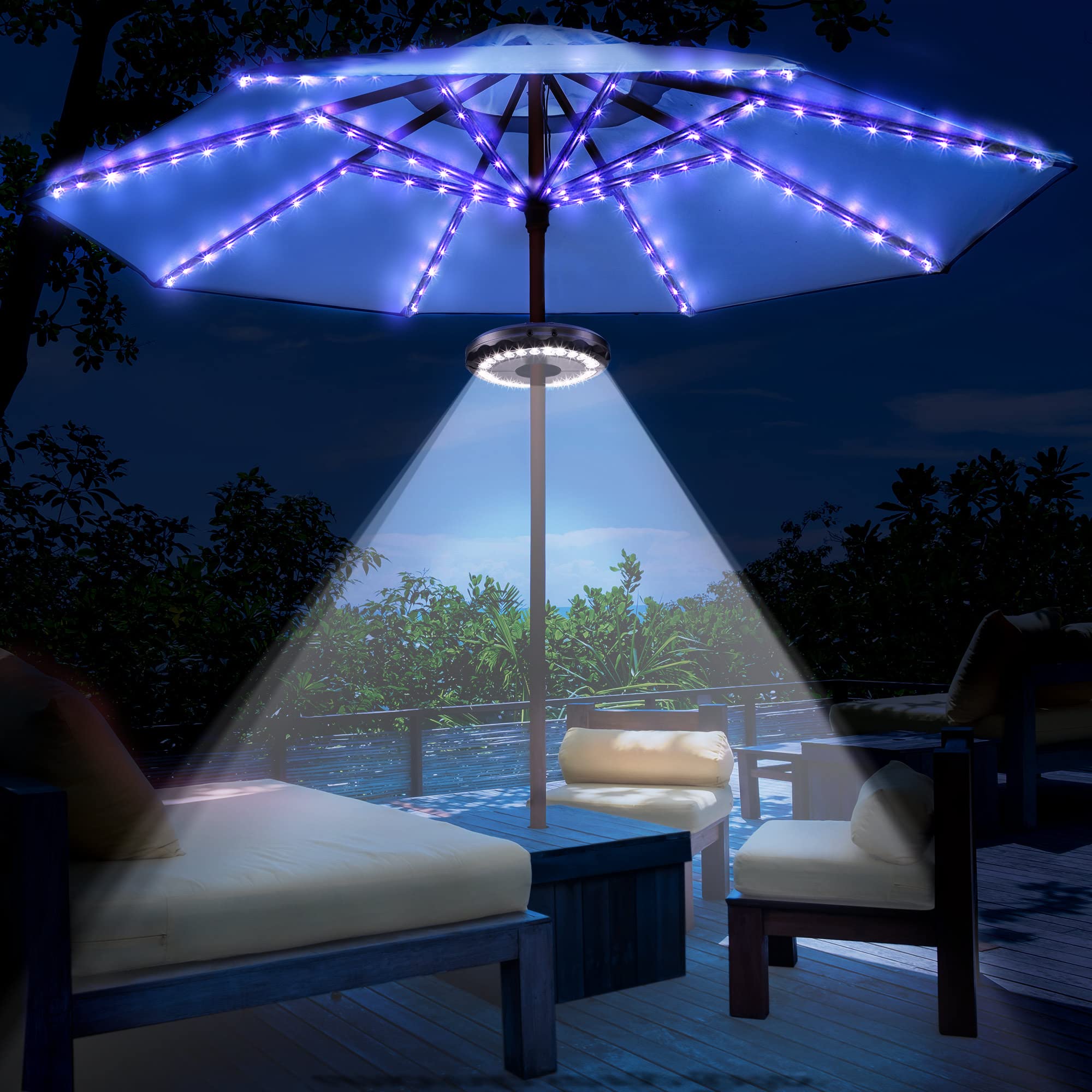 2 in 1 Patio Umbrella Lights, 16Colors 4Modes 104 LED Umbrella String Lights Combination 3 Brightness Modes 28 LED Umbrella Pole Light USB and Battery Operated for Yard Outdoor, Camping Tents