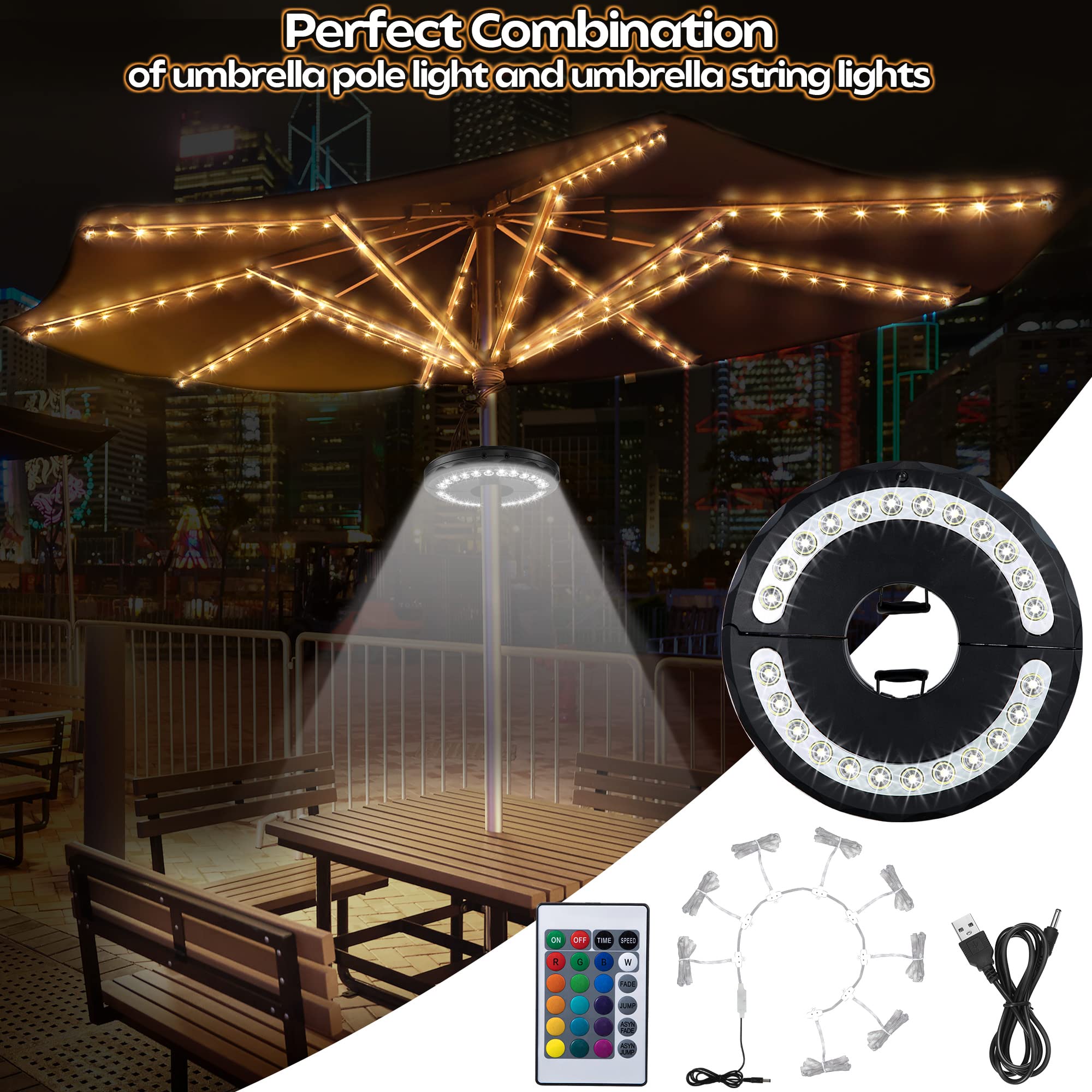 2 in 1 Patio Umbrella Lights, 16Colors 4Modes 104 LED Umbrella String Lights Combination 3 Brightness Modes 28 LED Umbrella Pole Light USB and Battery Operated for Yard Outdoor, Camping Tents