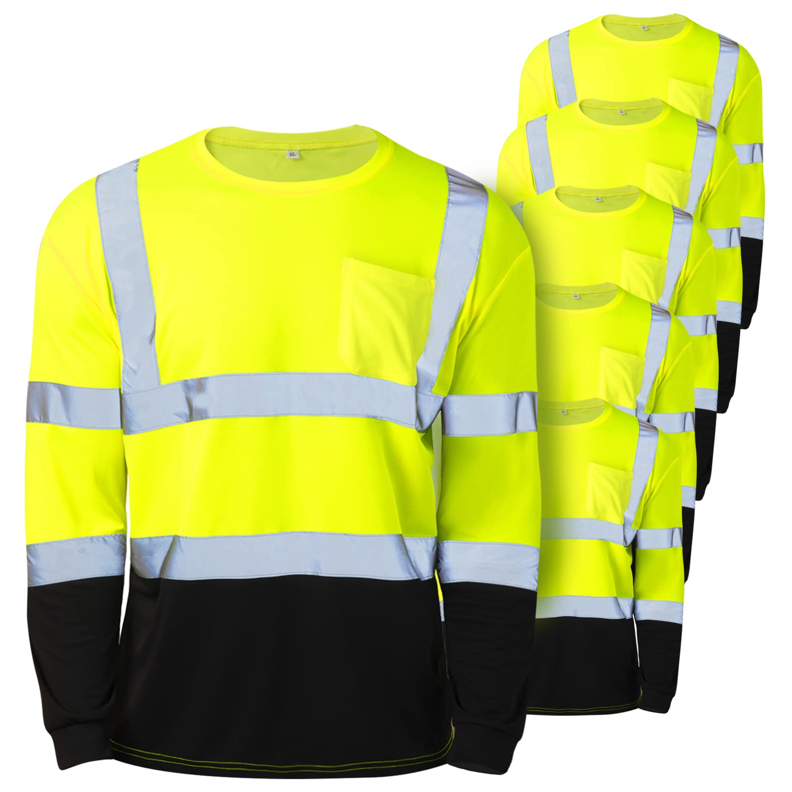 Zhanmai 6 Pack High Visibility Shirts Class 3 Reflective Safety Hi Vis Shirt Long Sleeve Wicking Safety Shirt with Pocket (Yellow)