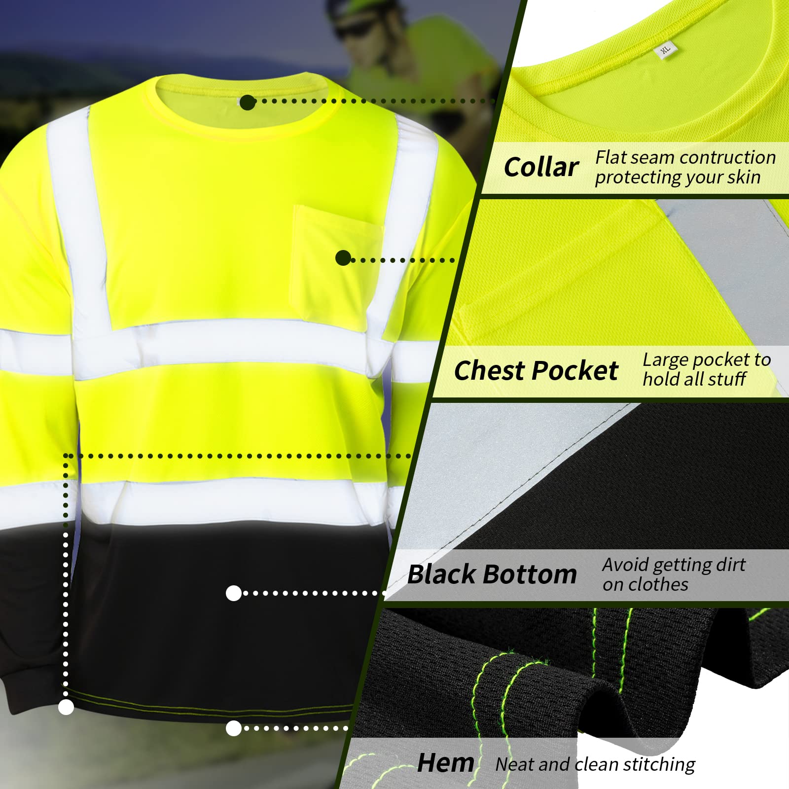 Zhanmai 6 Pack High Visibility Shirts Class 3 Reflective Safety Hi Vis Shirt Long Sleeve Wicking Safety Shirt with Pocket (Yellow)