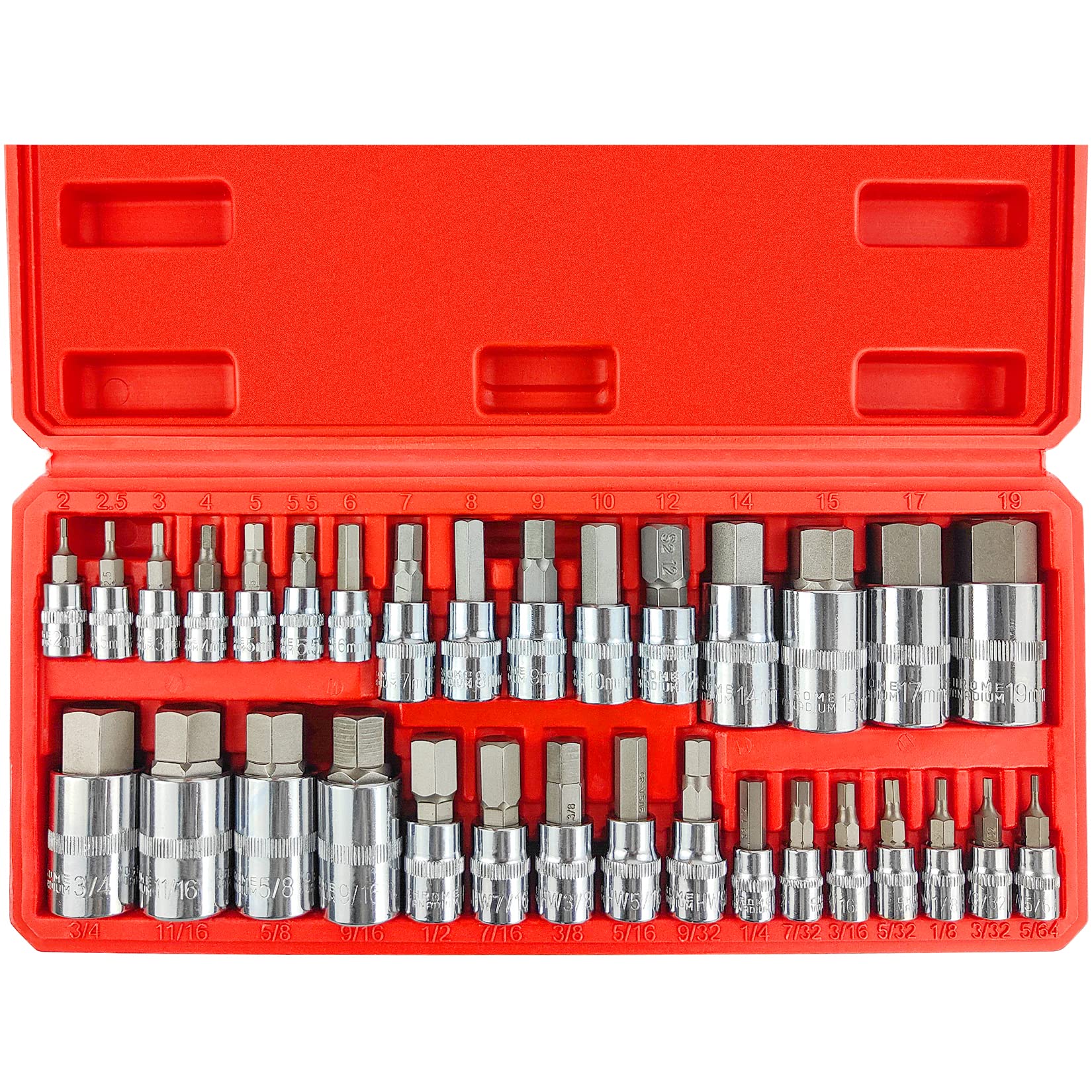 WETT 32pcs Master Hex Bit Socket Set, Allen Socket Set, 1/4'', 3/8', 1/2'' Hex Drive Sockets, SAE and Metric, 5/64 Inch to 3/4 Inch and 2mm to 19mm, S2 Steel & Cr-V Steel