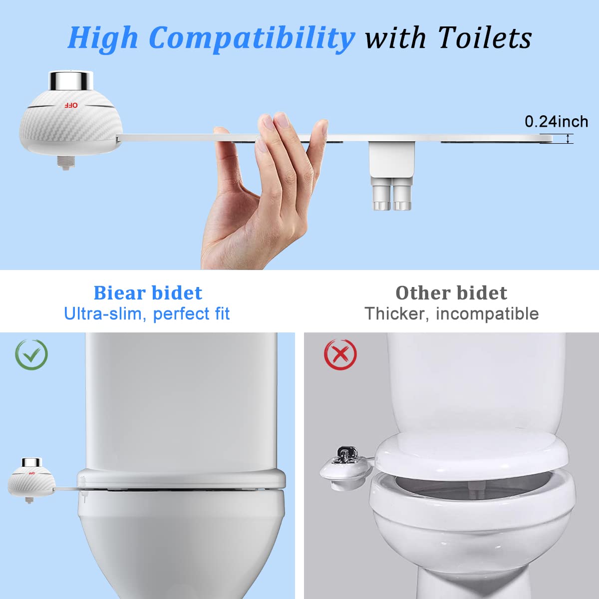 Bidet Attachment BIEAR Ultra-Slim Self Cleaning Bidet Attachment for Toilet Dual Nozzle (Rear/Feminine Wash) Fresh Cold Water Non-Electric Bidet Toilet Seat with Adjustable Water Pressure Carbon Fiber