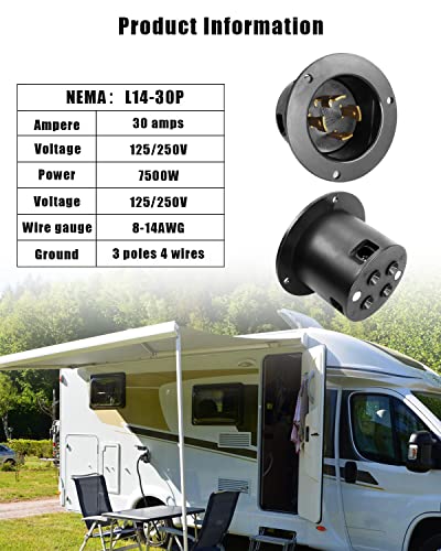 TADYAO 30Amps Flanged Power Inlet, NEMA L14-30P Generators Flanged Inlet Plug 125/250V 7500W RV Power Outlet with Cover