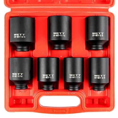 WETT 1/2" Drive Deep Impact Socket Set, 7-Piece Spindle Axle Nut 6 Point SAE Sockets Set, CR-MO, 1-3/8-Inch-1-3/4-Inch