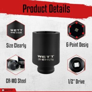 WETT 1/2" Drive Deep Impact Socket Set, 7-Piece Spindle Axle Nut 6 Point SAE Sockets Set, CR-MO, 1-3/8-Inch-1-3/4-Inch