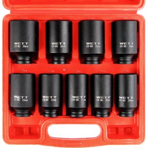 wett 1/2" drive deep impact socket set, 9-piece spindle axle nut metric 6 point sockets set, cr-mo, 29mm-38mm