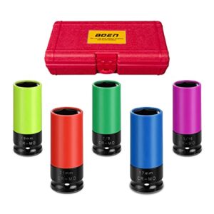 boen 1/2" drive wheel protector impact socket, non-marring lug nut thin wall deep socket set, cr-mo, 6 point, color-coded protective sleeve | metric 17 19 21 mm | sae 13/16 7/8 inch (5 pcs)