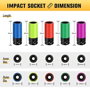 BOEN 1/2" Drive Wheel Protector Impact Socket, Non-Marring Lug Nut Thin Wall Deep Socket Set, CR-MO, 6 Point, Color-Coded Protective Sleeve | Metric 17 19 21 mm | SAE 13/16 7/8 inch (5 PCS)