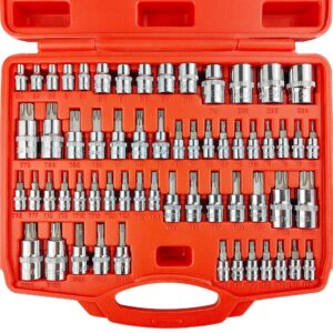 wett master torx bit socket and external torx socket set, 60-piece 1/4", 3/8", 1/2" drive e-torx sockets (e4-e24, t6-t70, tt6-tt70, tp8-tp60), s2 and cr-v steel