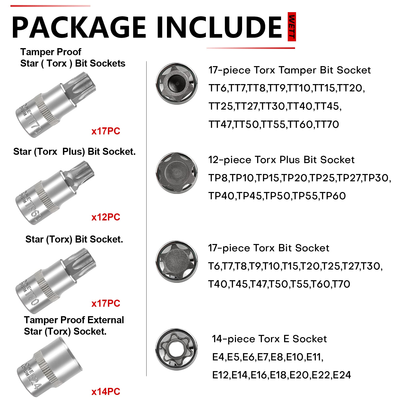 WETT Master Torx Bit Socket and External Torx Socket Set, 60-Piece 1/4", 3/8", 1/2" Drive E-Torx Sockets (E4-E24, T6-T70, TT6-TT70, TP8-TP60), S2 and CR-V Steel