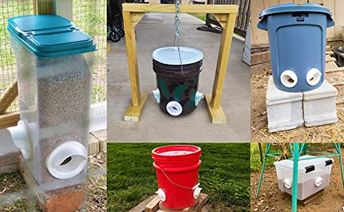 DIY No Waste Chicken Feeder Kit,8 Ports with Rodent Proof Covers,Automatic Poultry Feeder for Barrel Bucket Bin Tub,Feeding Chicken Ducks,BPA Free