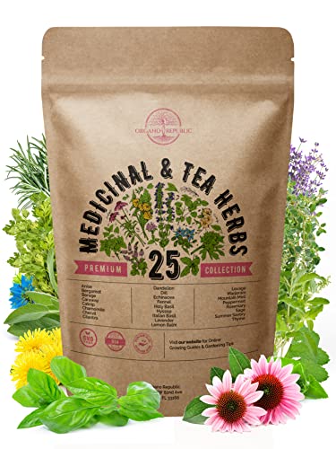 Organo Republic 25 Medicinal & Tea Herb Seeds Variety Pack for Indoor & Outdoors. 5800+ Non-GMO Heirloom Garden Seeds: Anise, Borage, Cilantro, Chamomile, Dandelion, Rosemary, Peppermint Seeds