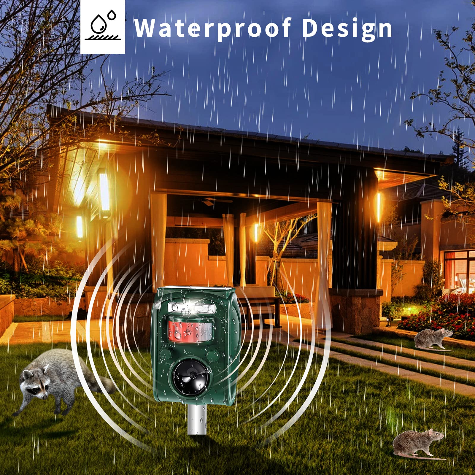 GOLDENPEAK Ultrasonic Animal Repellent Outdoor Cat Repellent Solar Animal Repeller. Motion Activated and Flashing LED Light Siren Repeller. for Dog, Raccoon, Deer, Bird, Skunk, Squirrel, Rabbit, Fox