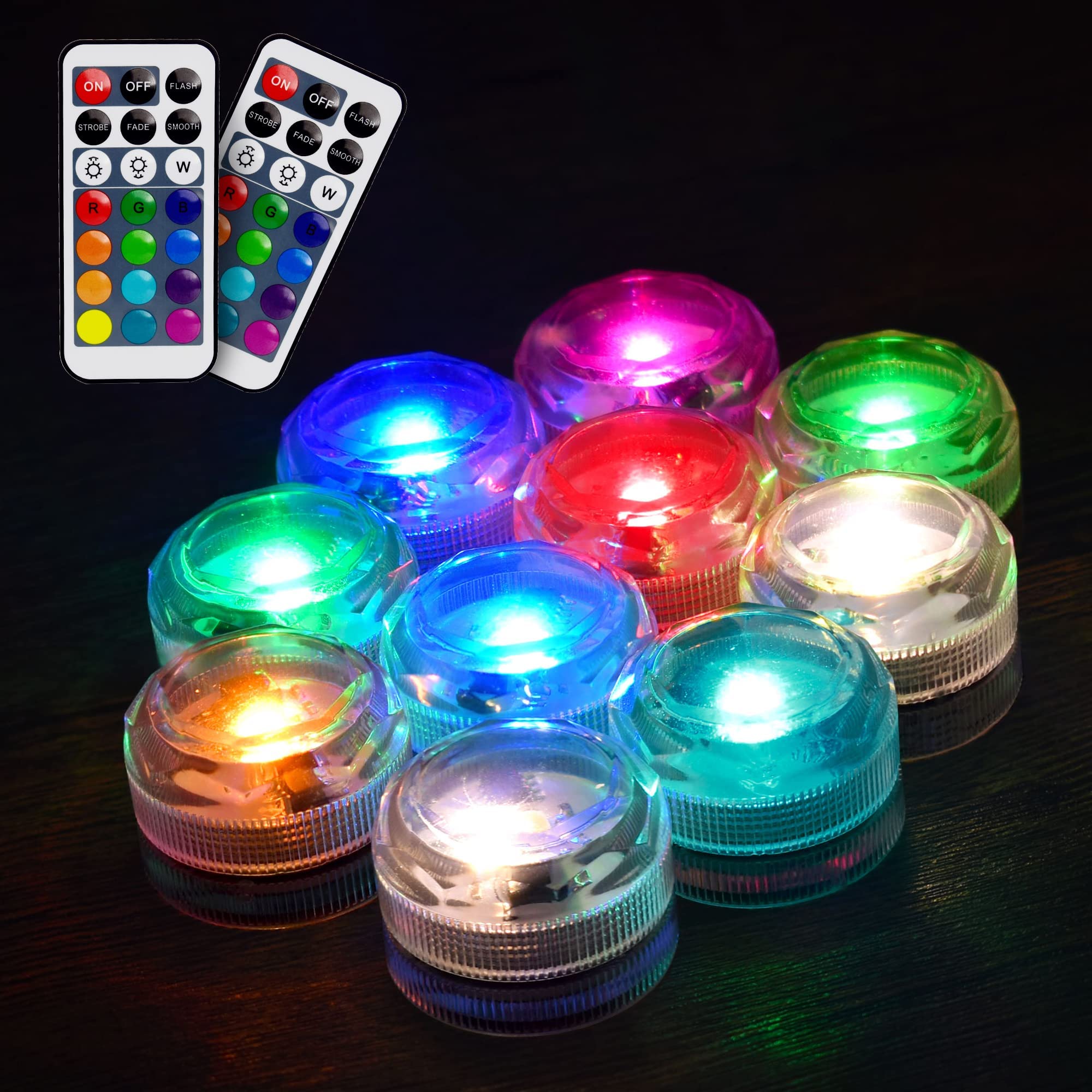 Mini Submersible Led Lights with Remote, Multicolor Underwater Tea Lights Candles, Waterproof Submersible Tea Lights Battery Operated Submersible Pool Lights for Wedding Vase Festival Party, 20pcs