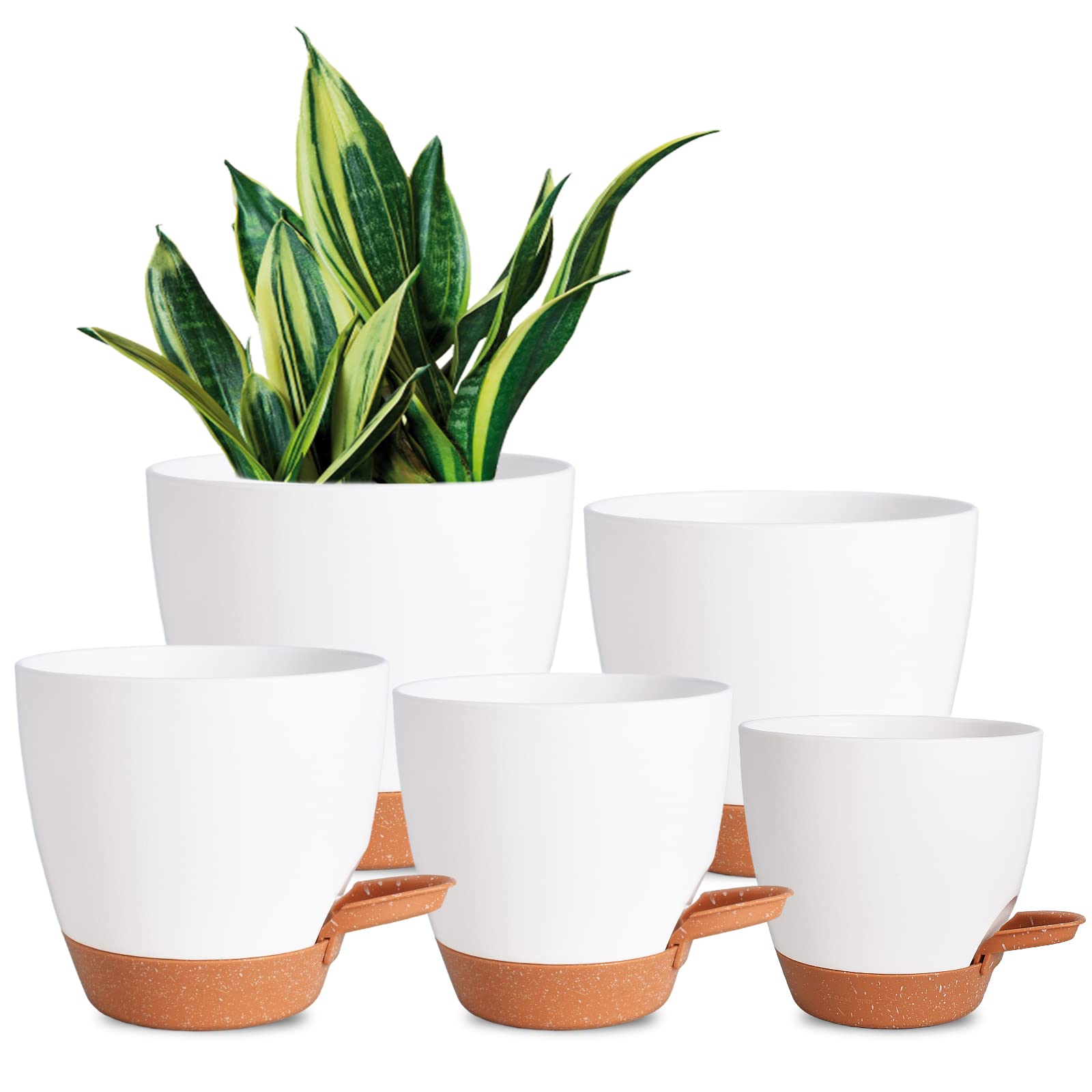 Vanslogreen Plant Pots for Indoor Plants 5 Pack Self Watering Planters, 7/6.5/6/5.5/5 Inch Self Watering Pots with Drainage Hole Plastic Flower Pot for Herbs, Succulents, African Violet (White)