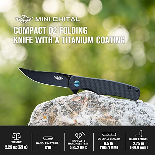 OKNIFE Mini Chital Folding Pocket Knife, Small Pocket Knife with Black Titanium Coated D2 Steel Knife Blade, G10 Handle and Pocket Clip for Hiking and Camping