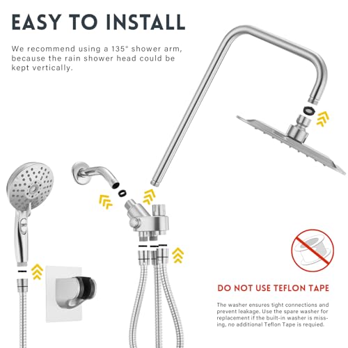 Ryamen Dual Shower Head Combo, 8'' High Pressure Rain/Rainfall Shower Head,5 Settings Adjustable Handheld Showers,with 15" Height Adjustable Slide Bar,Holder/Hose, Angle Adjustable, Chrome