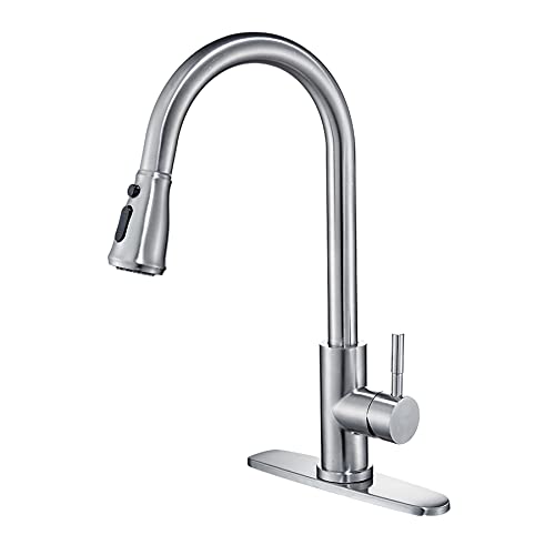 KSUCBOHAR Brushed Kitchen Sink Faucet with Pull Down Sprayer Single Handle Kitchen Faucets 360 Swivel High Arc with Deck Plate Home Stainless Steal Faucets