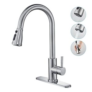 KSUCBOHAR Brushed Kitchen Sink Faucet with Pull Down Sprayer Single Handle Kitchen Faucets 360 Swivel High Arc with Deck Plate Home Stainless Steal Faucets