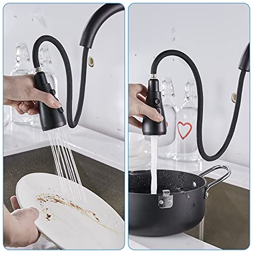 KSUCBOHAR Matte Black Kitchen Sink Faucet with Pull Down Sprayer Single Handle Kitchen Faucets 360 Swivel High Arc Home Stainless Steal Faucets, Matt Black Without Base Plate