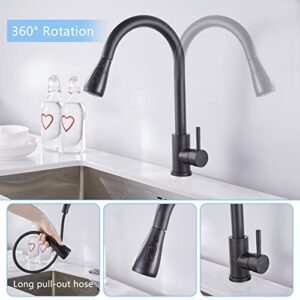 KSUCBOHAR Matte Black Kitchen Sink Faucet with Pull Down Sprayer Single Handle Kitchen Faucets 360 Swivel High Arc Home Stainless Steal Faucets, Matt Black Without Base Plate