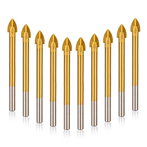 10-Piece Masonry Drill Bits Kit, Titanium Coated Glass Carbide Drill Bits Set for Concrete, Stone, Cutting Edges Cross Spear Head Drill for Glass, Brick, Tile, Plastic, Ceramic and Wood