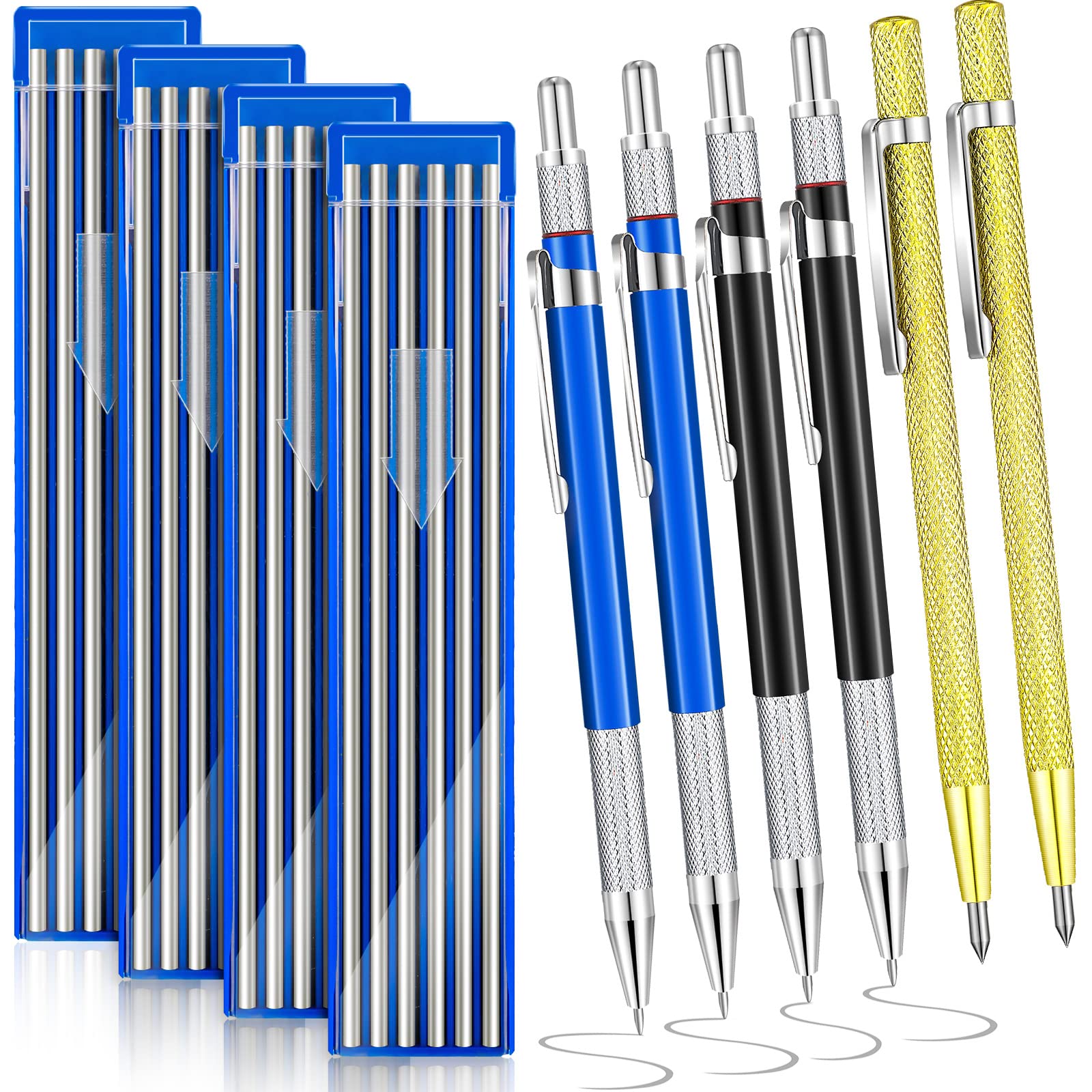 6 Pieces Welders Pencil Carbide Scriber Tool with 48 Pcs Round Refills Silver Metal Welding Marker for Fitter Welder Steel Construction Fabrication Woodworking Glass Hardened Steel