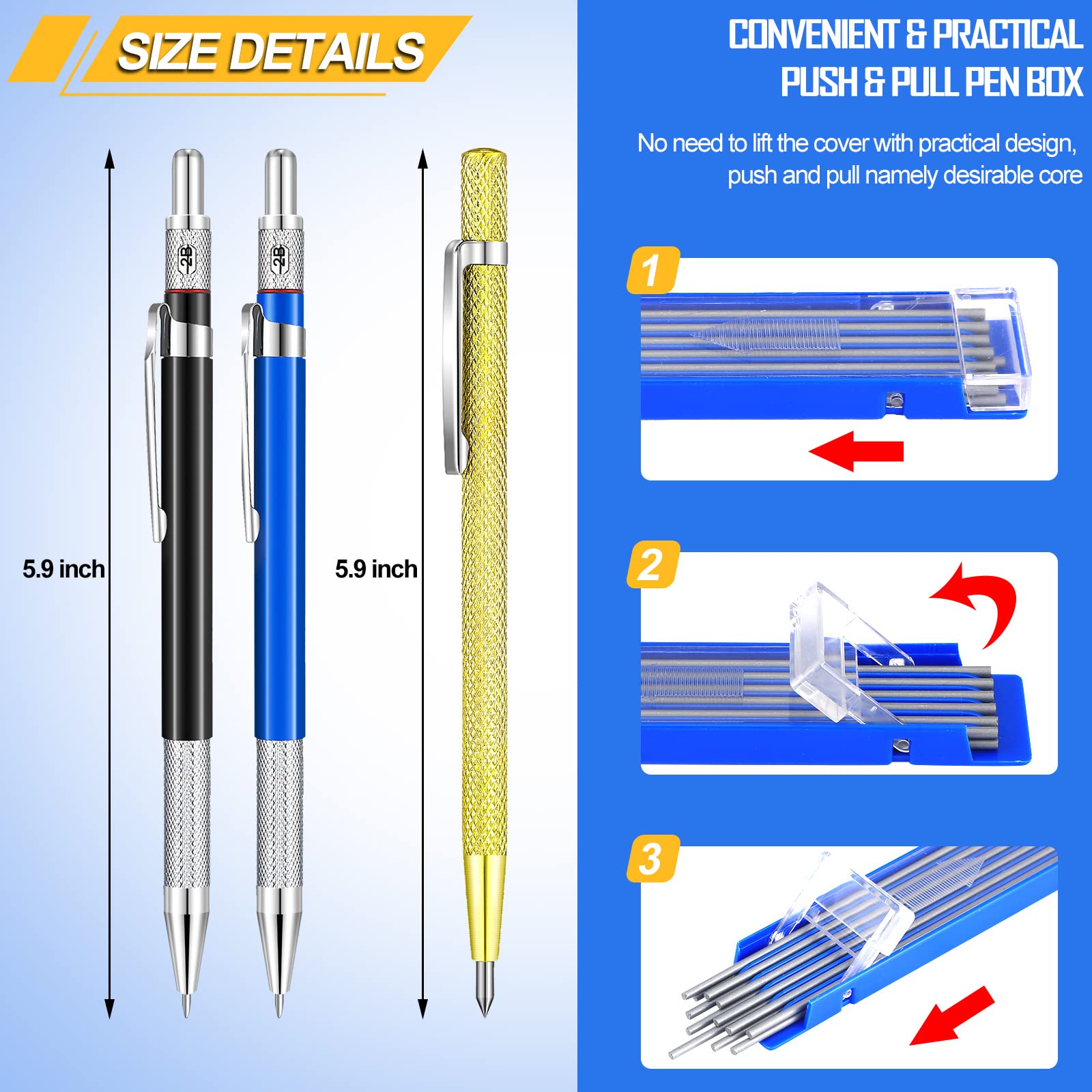 6 Pieces Welders Pencil Carbide Scriber Tool with 48 Pcs Round Refills Silver Metal Welding Marker for Fitter Welder Steel Construction Fabrication Woodworking Glass Hardened Steel