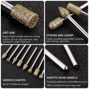 Diamond Grinding Burr Bit Set，20Pcs Rotary Tool Accessories Stone Carving Set with 1/8 inch Shank for Stone Ceramic Glass Carving, Grinding, Polishing, Engraving, Sanding