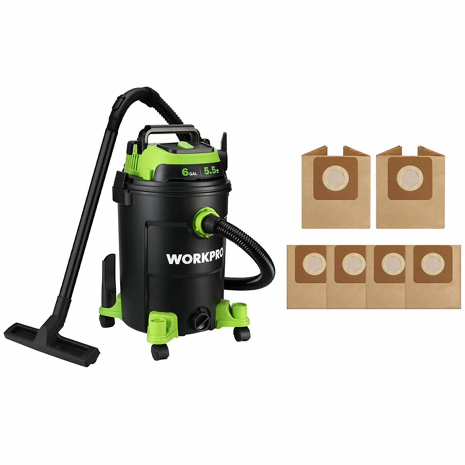 WORKPRO 6 Gallon Wet/Dry Shop Vacuum with Attachments & 6 Pack 6G Dust Collection Bag