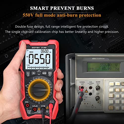 ZOTEK ZT-980 Digital Multimeter Tester True RMS 6000 Counts High Precision Display NCV,Measures Voltage Current Resistance Capacitance Frequency Duty Cycle,Tests Diodes Transistors.