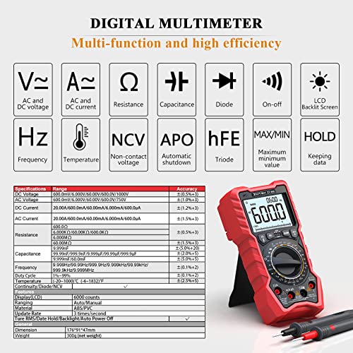 ZOTEK ZT-980 Digital Multimeter Tester True RMS 6000 Counts High Precision Display NCV,Measures Voltage Current Resistance Capacitance Frequency Duty Cycle,Tests Diodes Transistors.